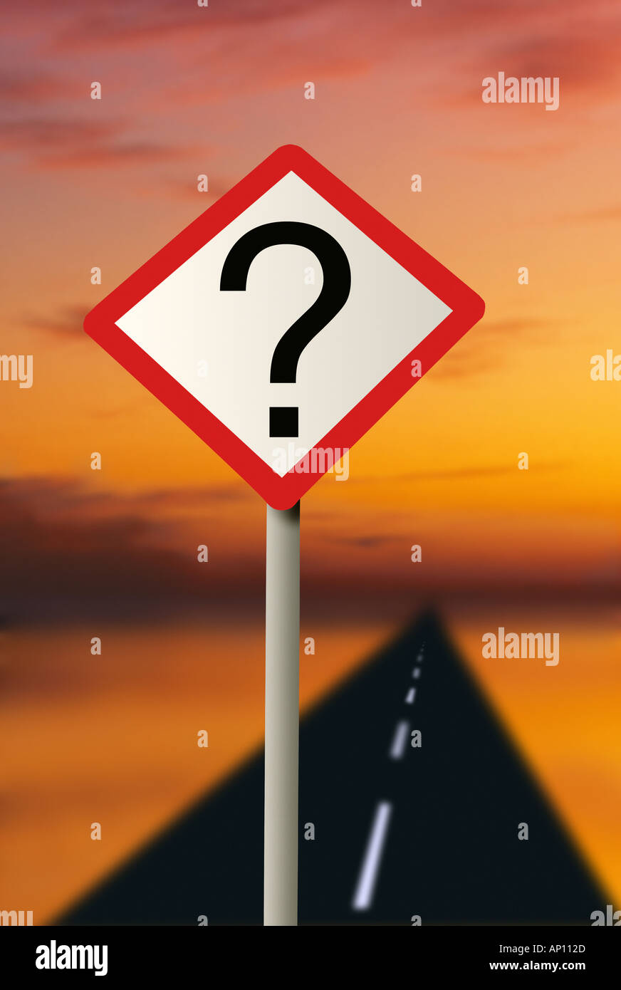 Road direction sign with question mark Road and Sky background Stock ...