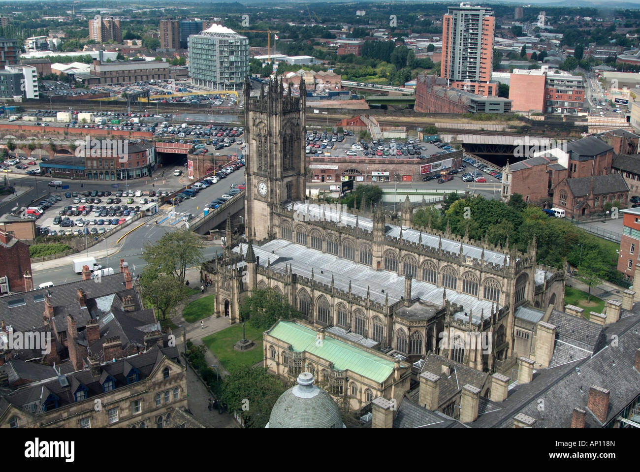 Cathedral Manchester aerial view city center UK United Kingdom England ...