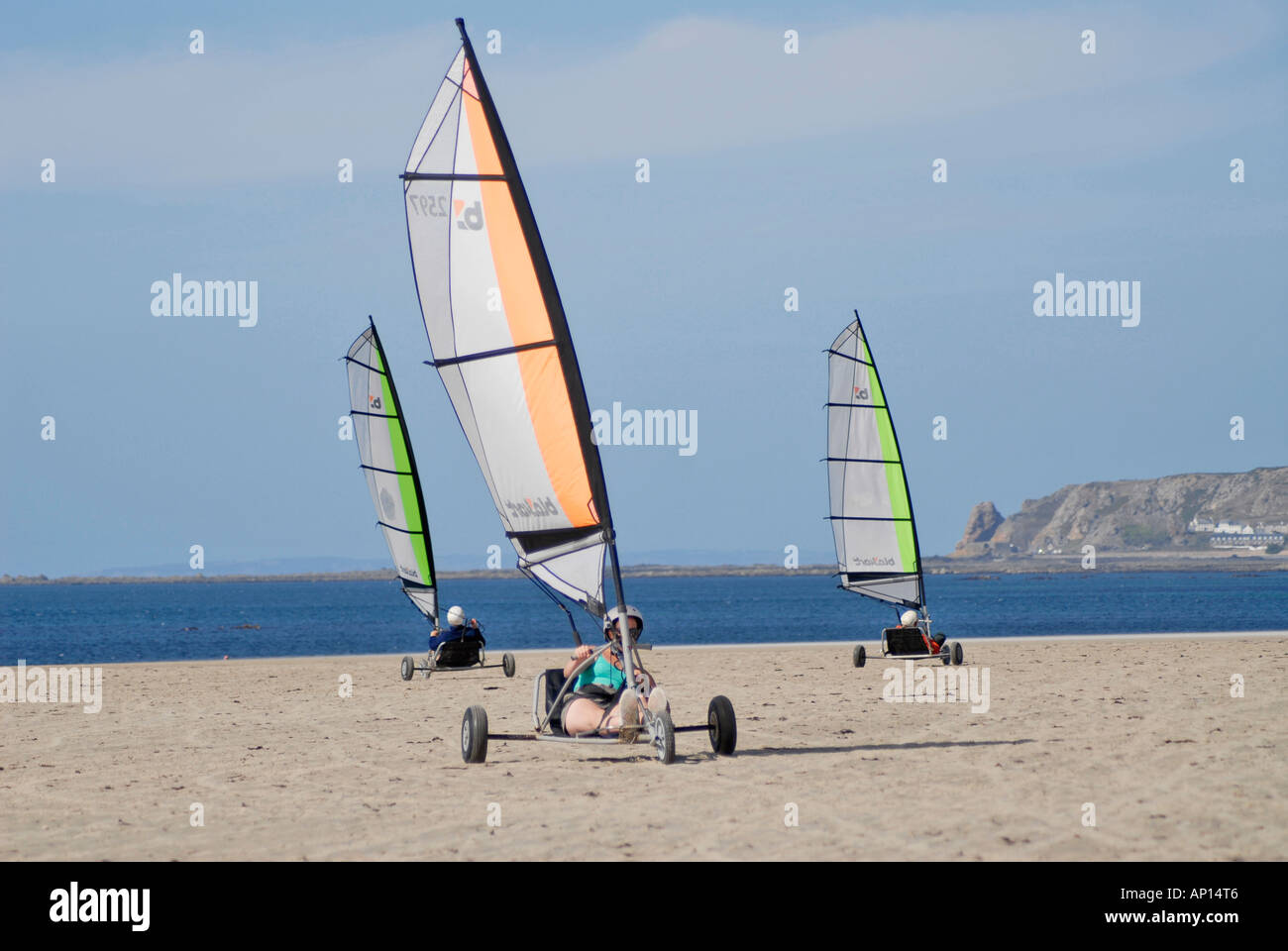 Blokarting on St Ouens beach in Jersey Stock Photo - Alamy