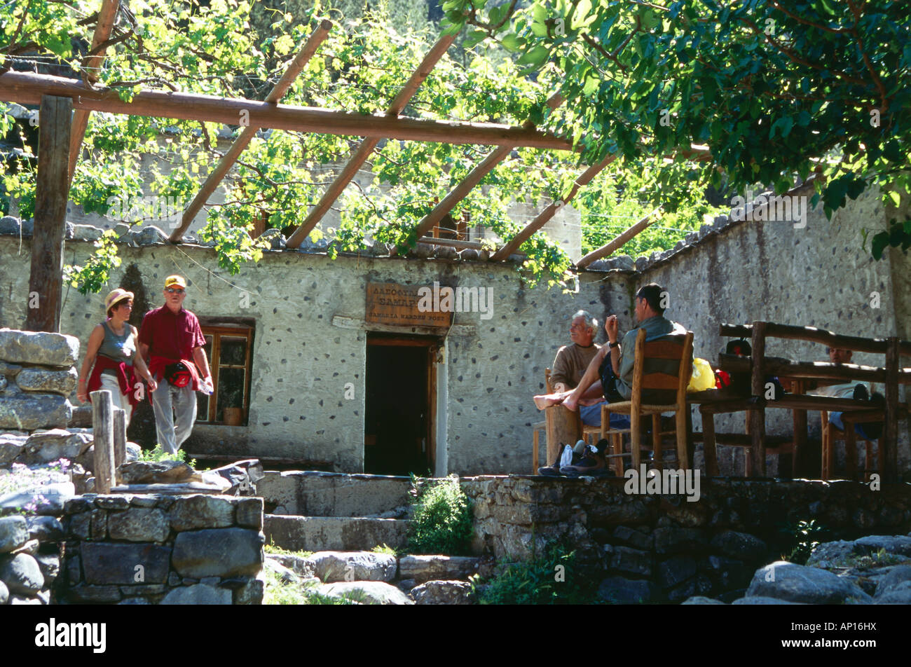Hikers resting, Samaria Village, Samaria Gorge, Crete, Greece Stock ...
