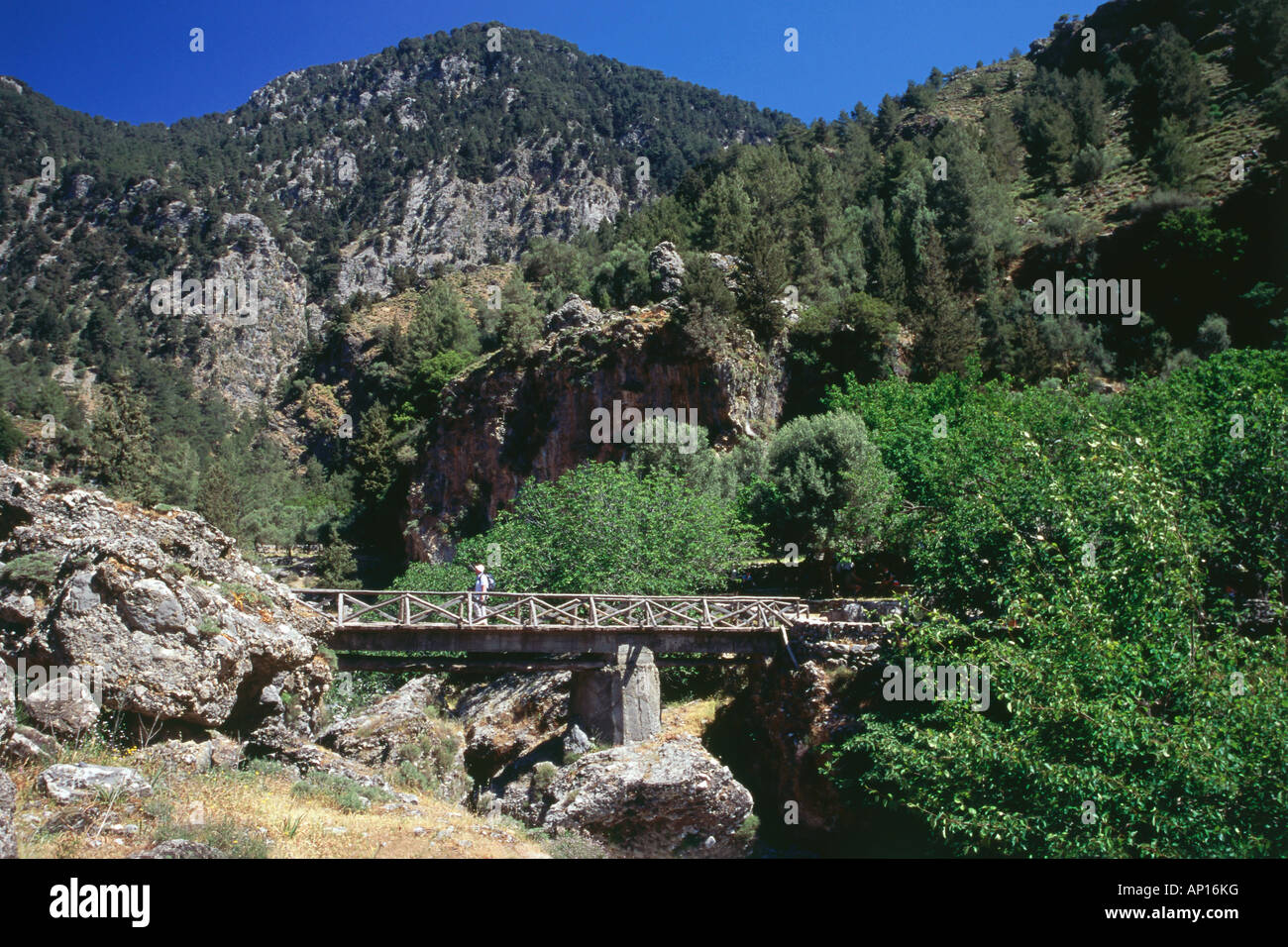 Hikers on bridge, Samaria Village, Crete, Greece Stock Photo - Alamy