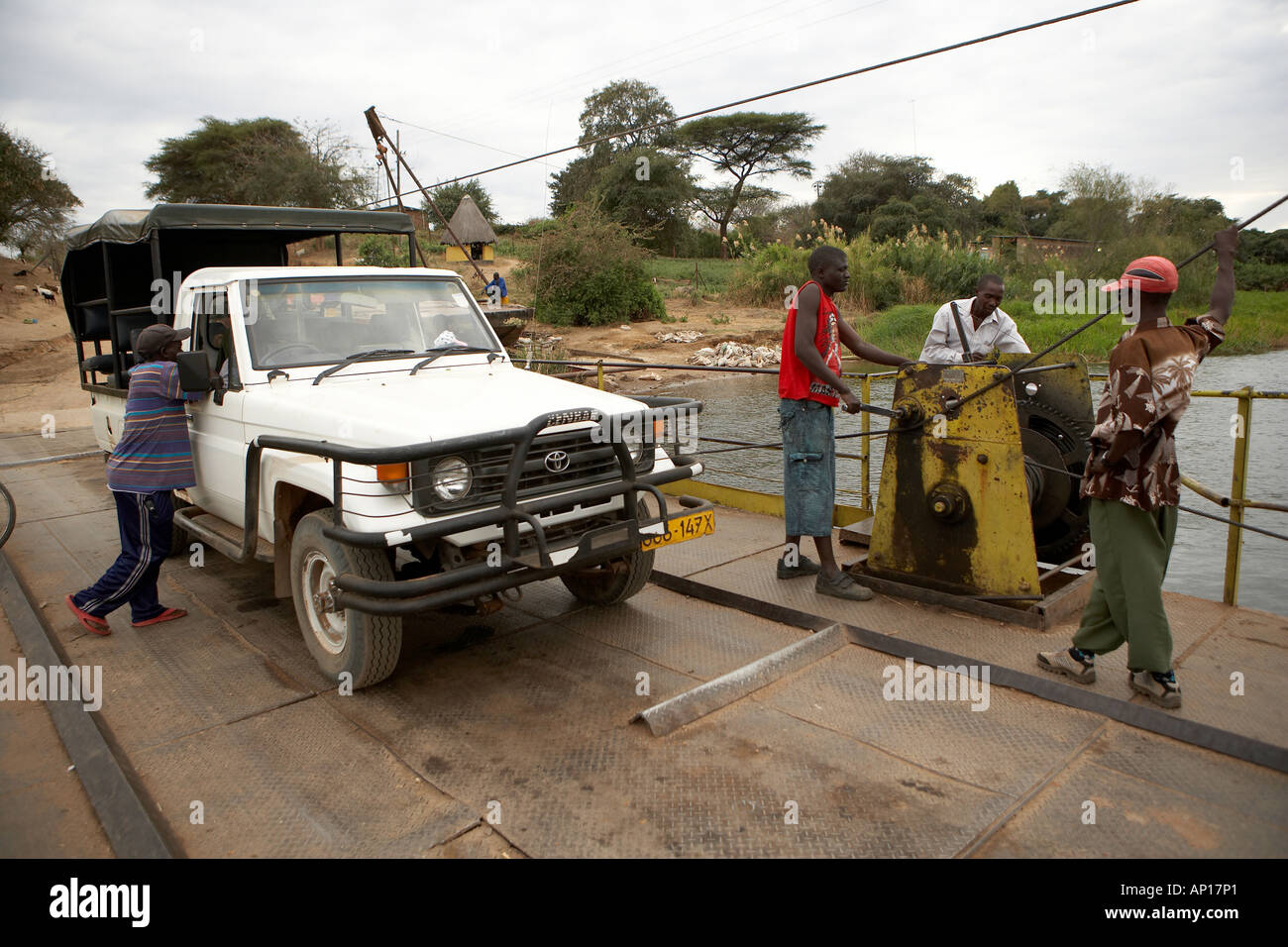Crossing the Kafue River on a pontoon Zambia Africa Stock Photo - Alamy