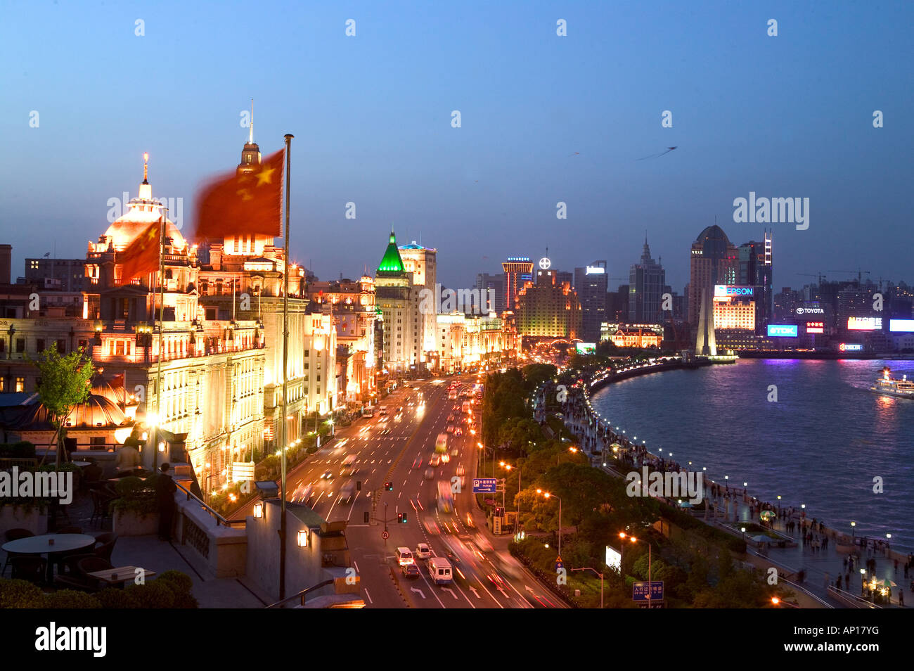 Bund, Huangpu River at night, View from roof terrace, Three on the Bund ...