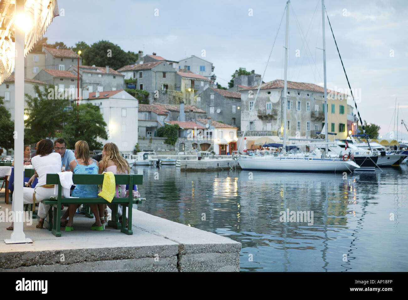 Restaurant with harbour and boats, Valun, Cres Island, Croatia Stock ...