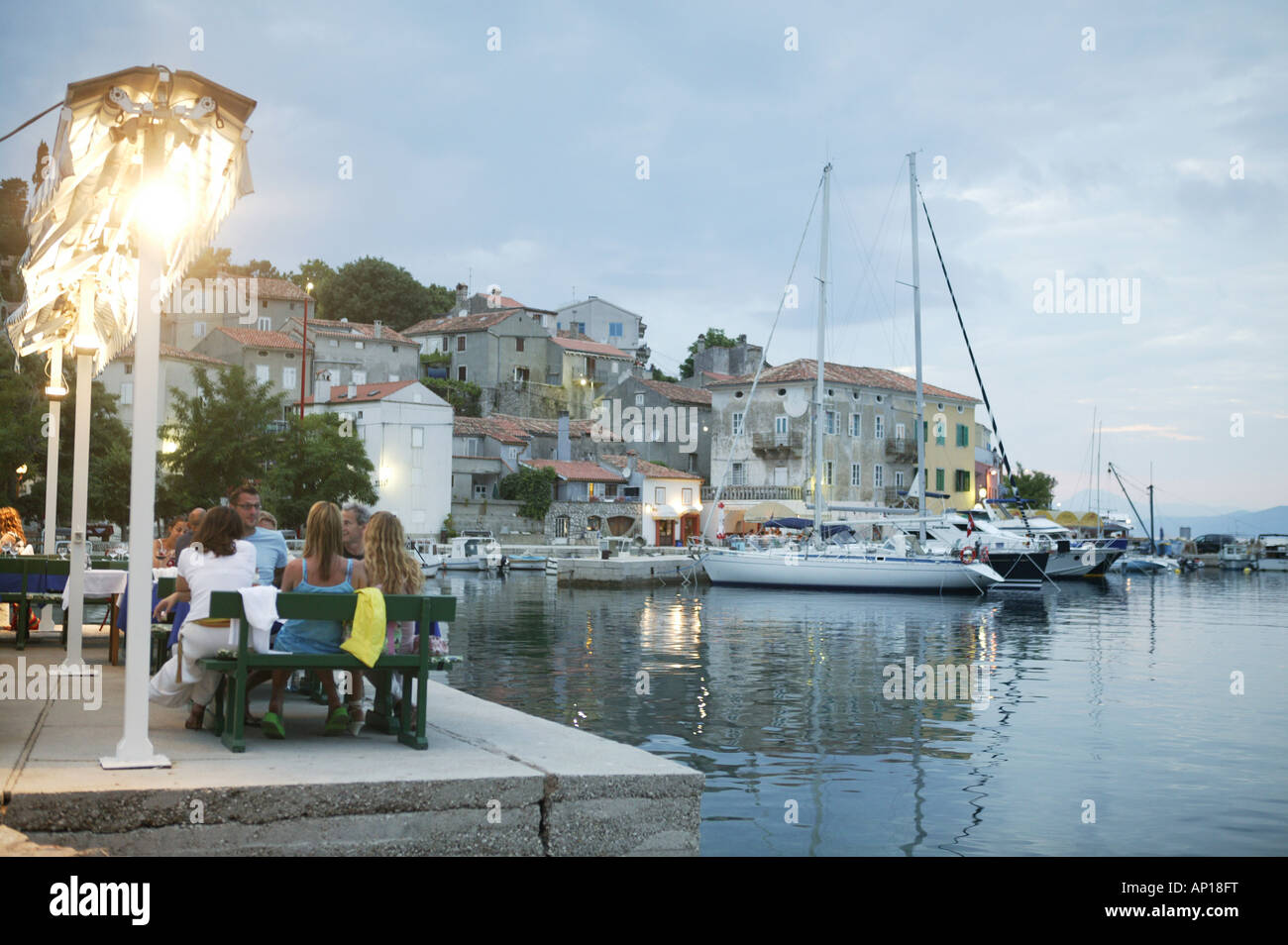 Restaurant with harbour and boats, Valun, Cres Island, Croatia Stock ...