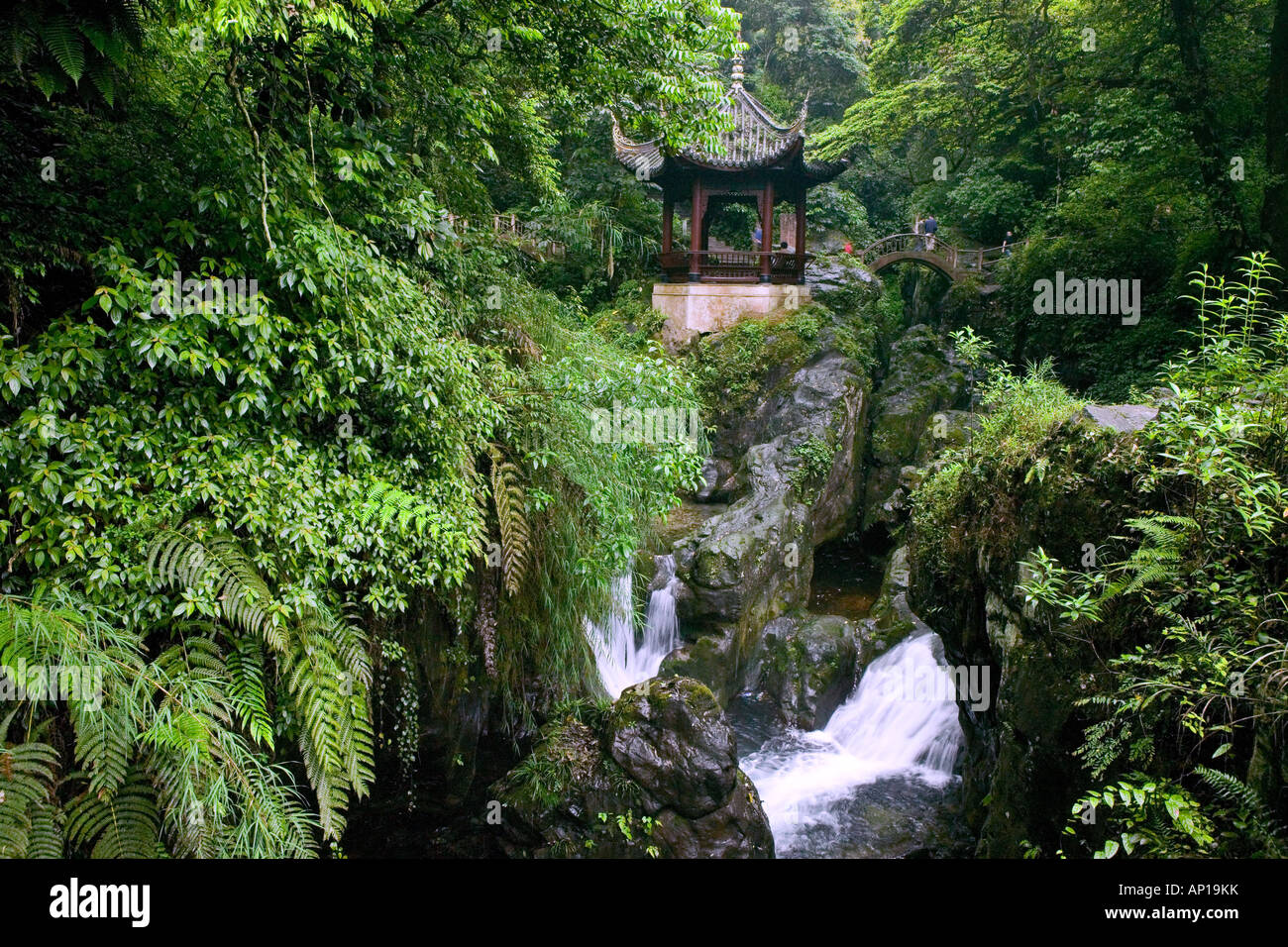 Qing Yin Ge Temple, waterfall and rocks, bridge, Mountains, along the ...