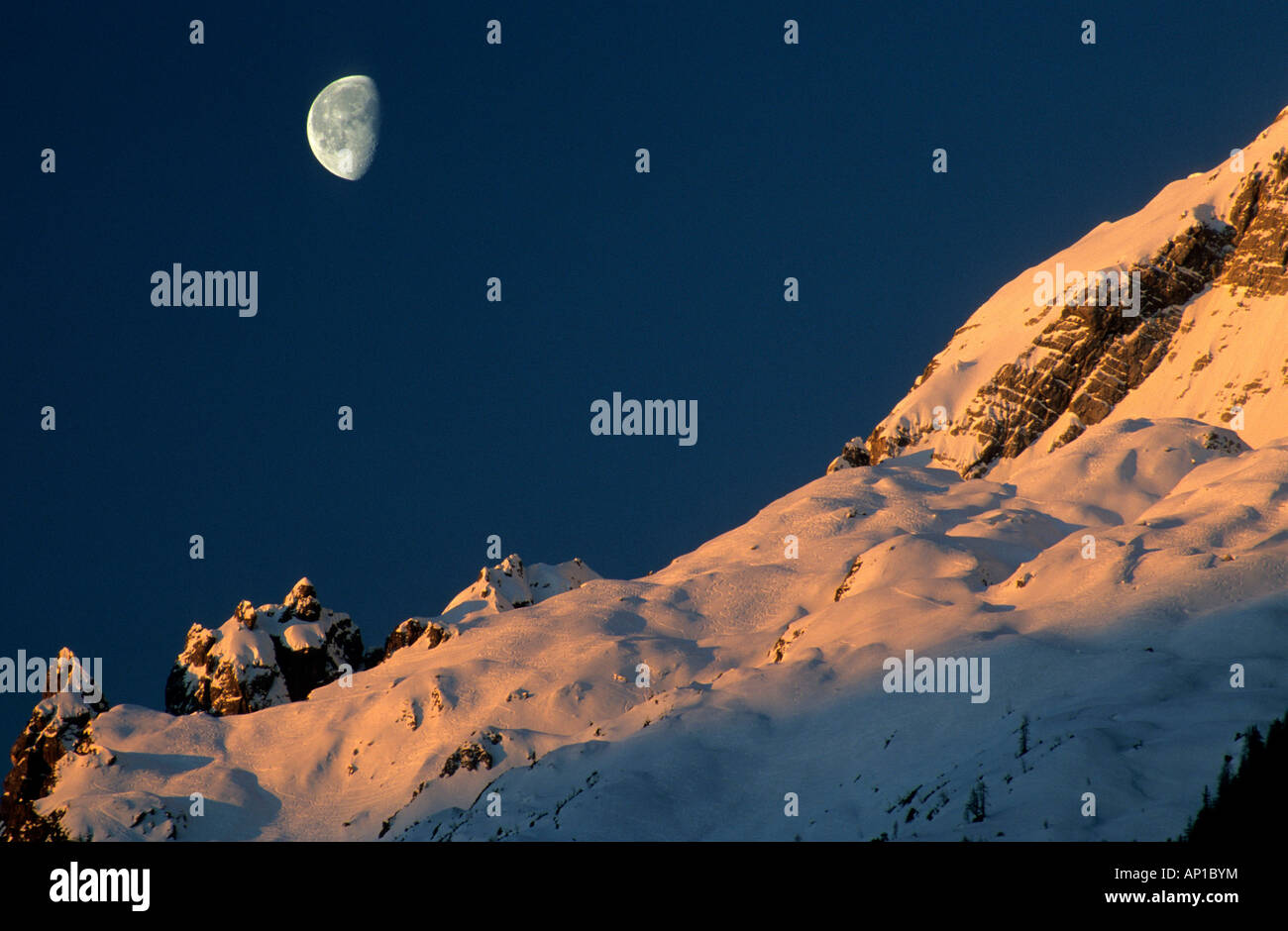 moon over alpine pasture of Hochalm, Berchtesgaden range, Upper Bavaria ...