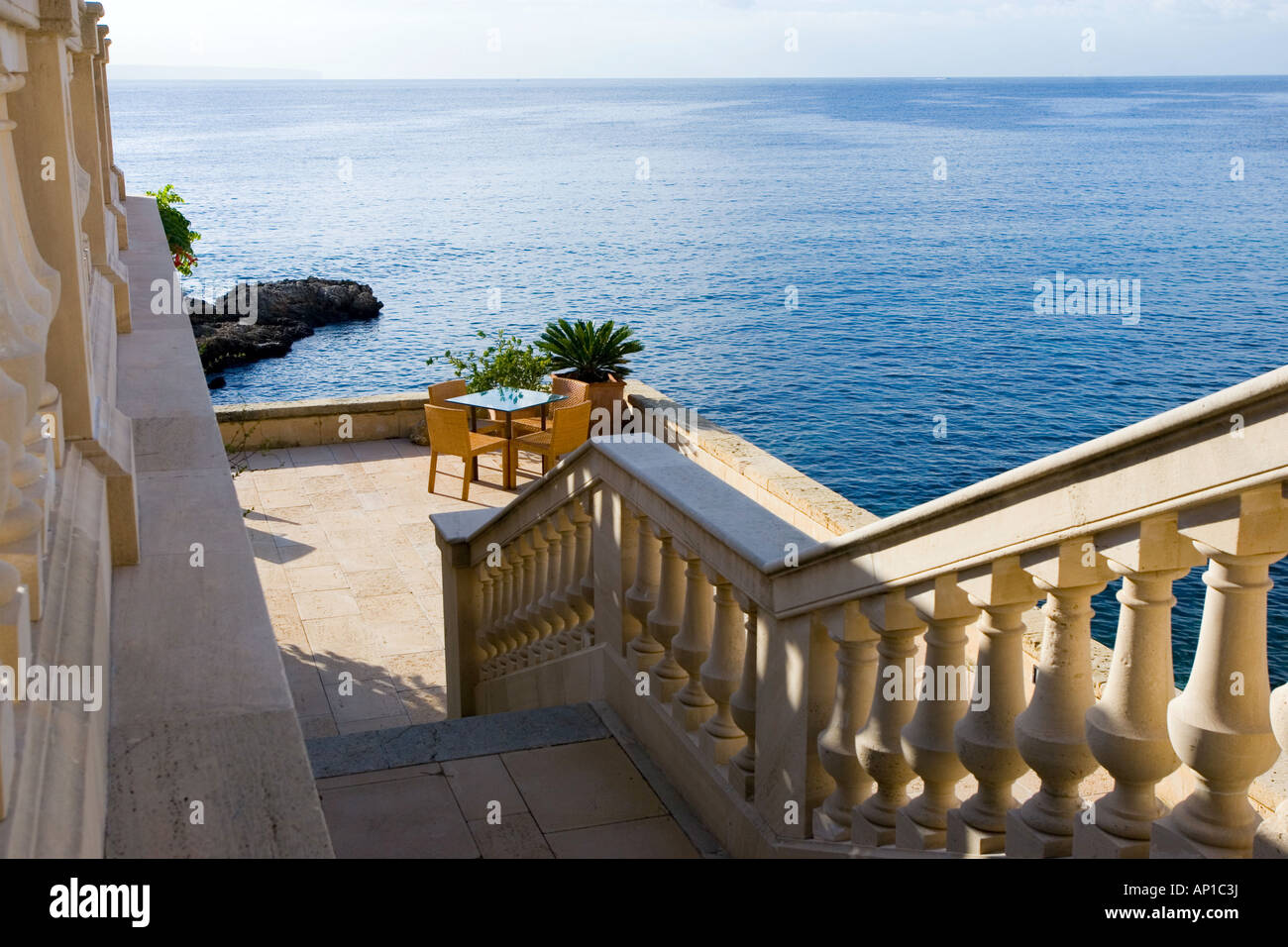 Hotel Maricel, Terrace with table and chairs, Palma, Majorca, Spain ...