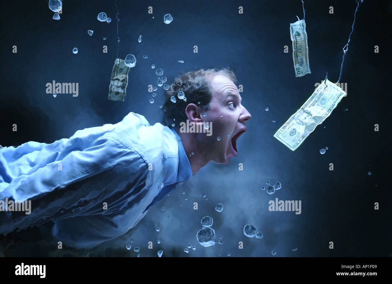 "business humor" concept man swimming underwater after money on fishing ...