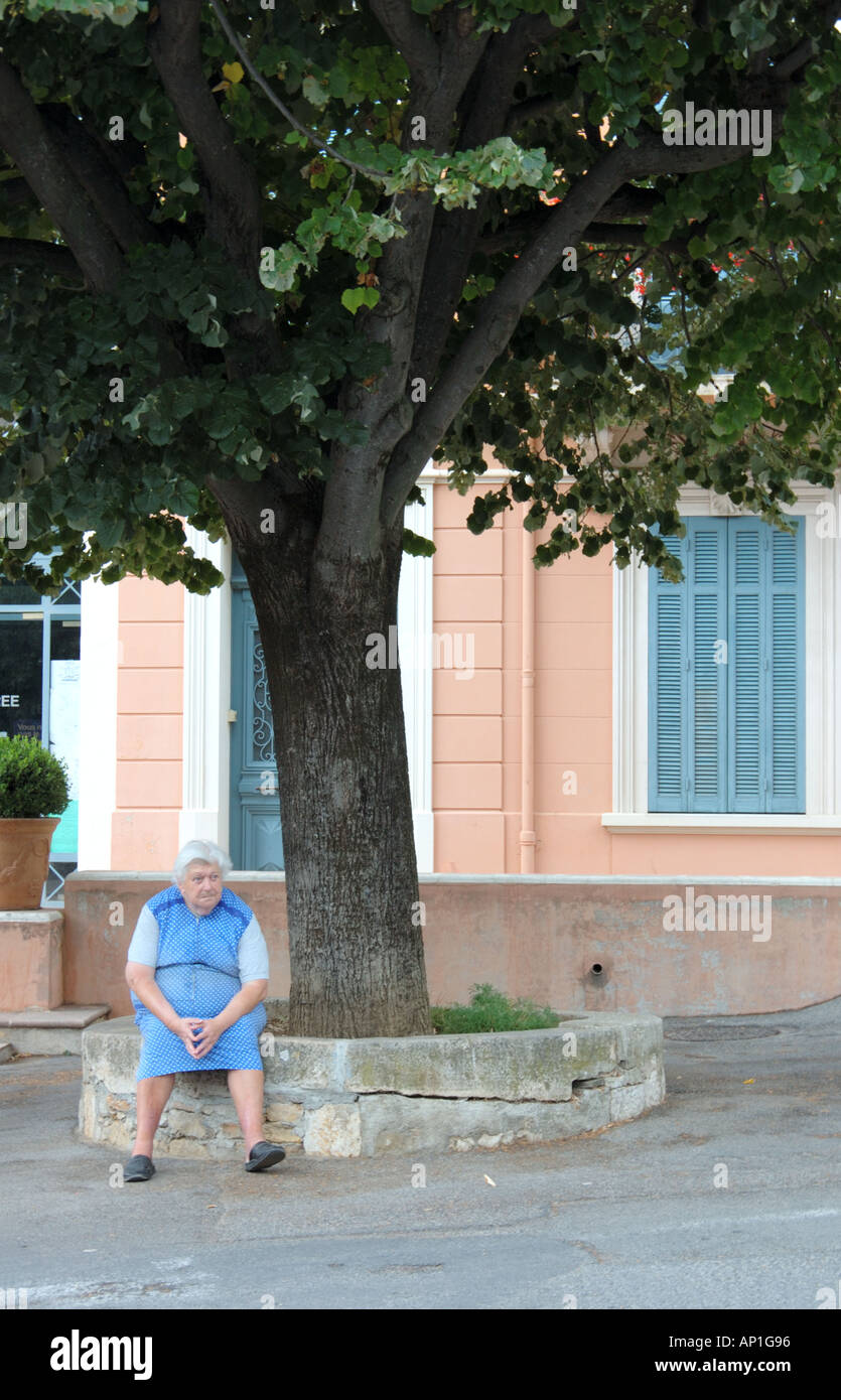 Old lady sitting under a tree sheltering from the heat Provence France ...