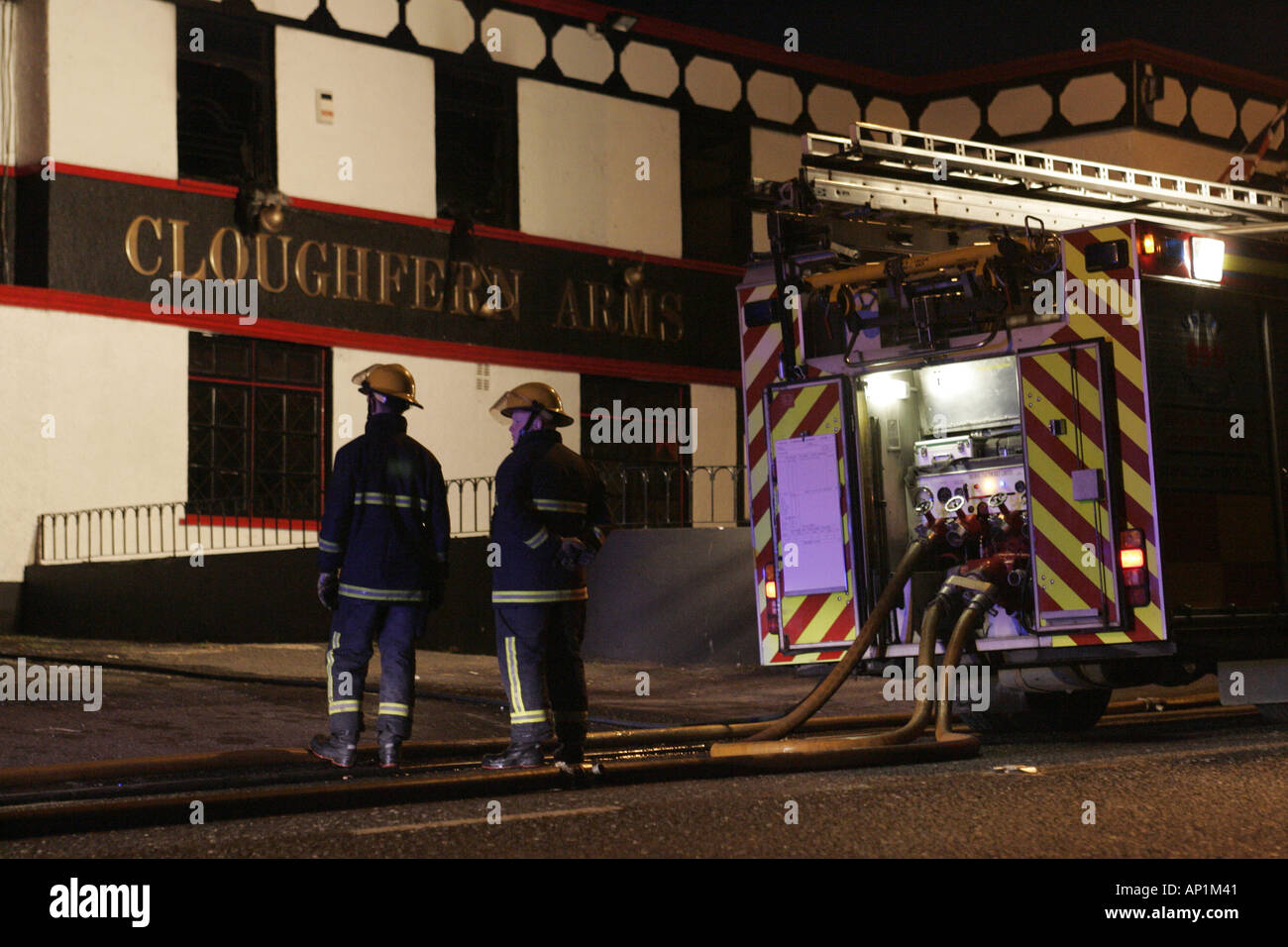 fire crew and fire service vehicle attend fire at Cloughfern arms ...