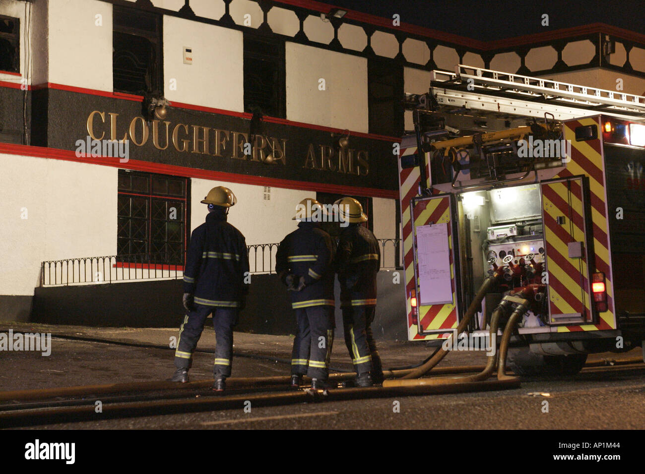 fire crew and fire service vehicle attend fire at Cloughfern arms ...