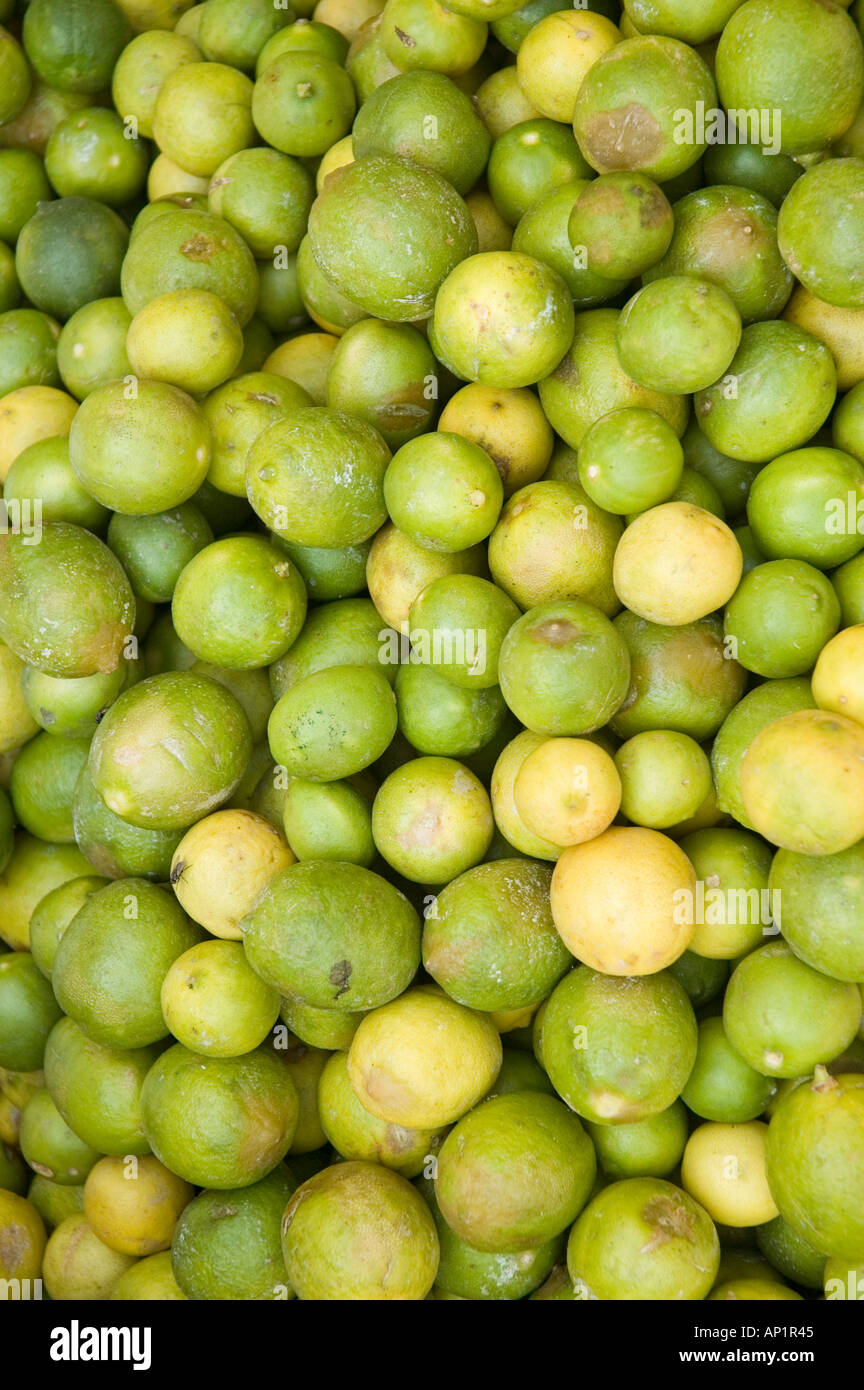 Yellow and green lemons and limes for sale in a market at Aswan city ...