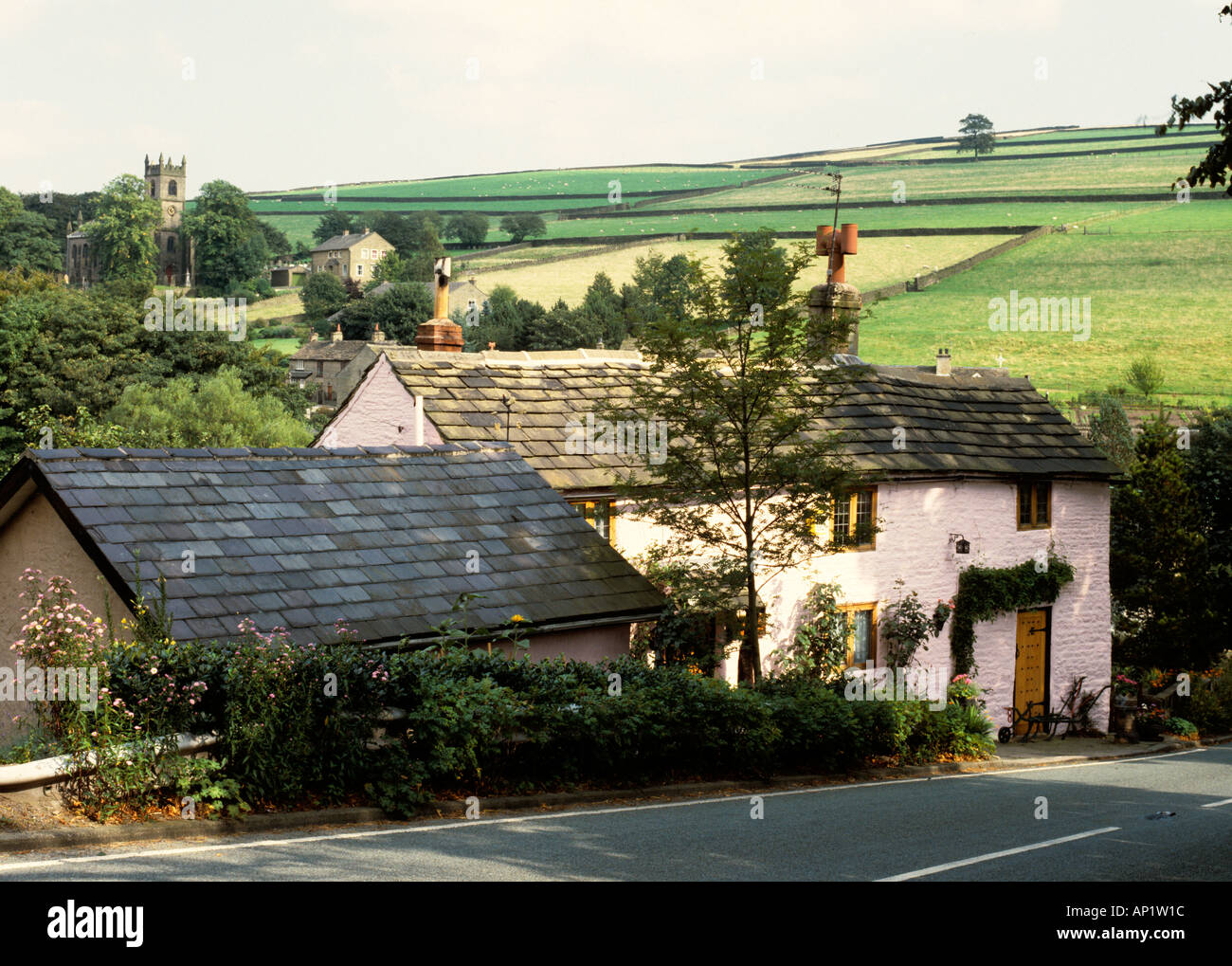 Cheshire Rainow cottages and church Stock Photo - Alamy
