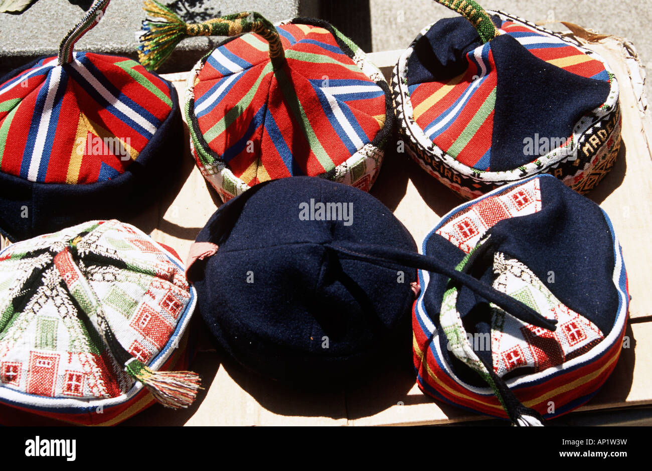 Madeira hats on display outside a shop, Funchal, Madeira Stock Photo ...