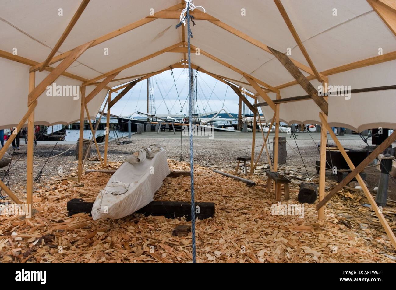 Boatbuilding tent and wood chips Viking Ship Museum Roskilde Denmark ...
