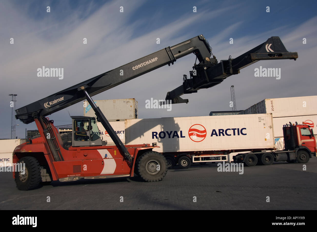 Truck loading containers in Nuuq harbour Greenland Denmark Stock Photo ...