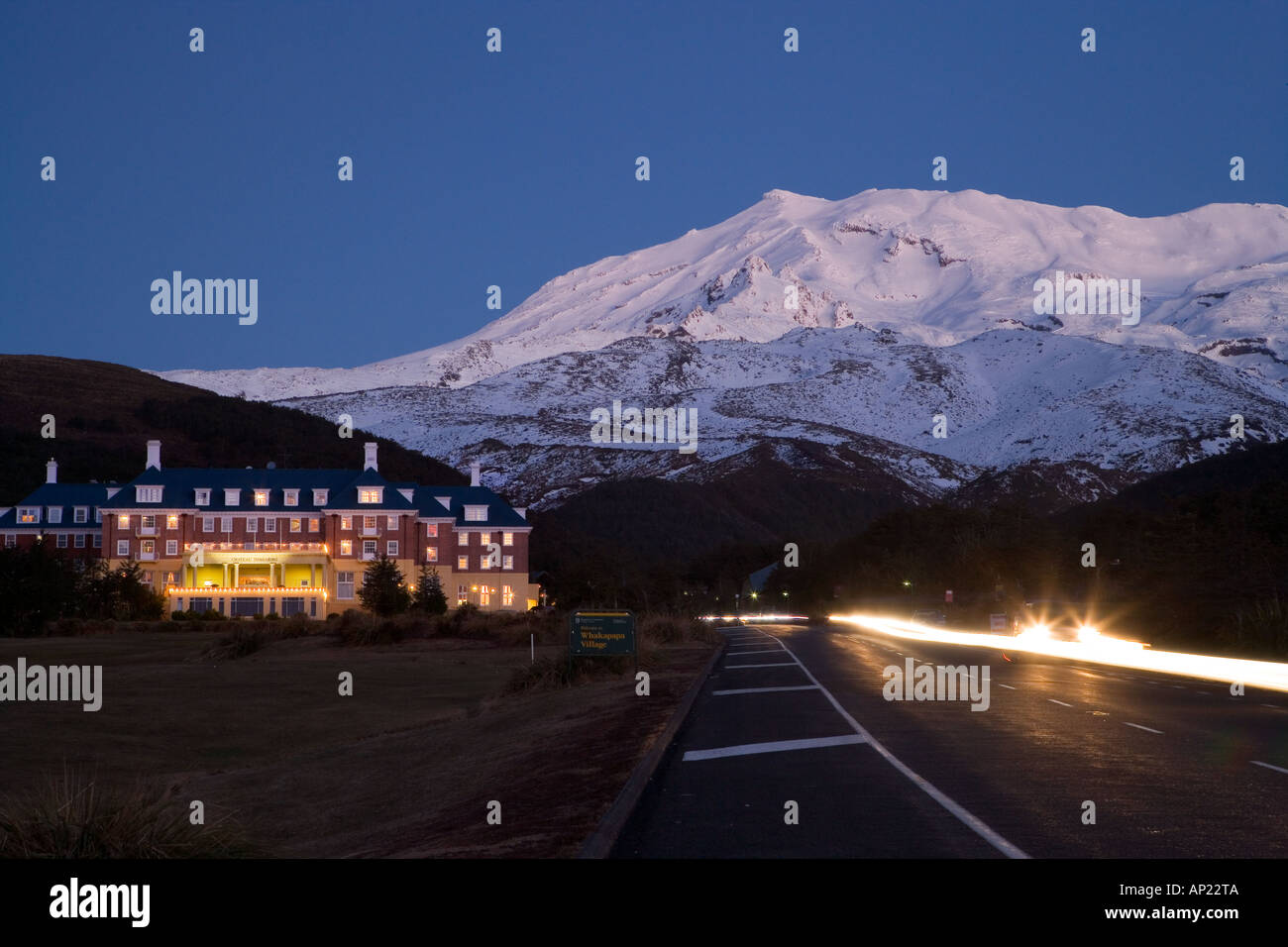 Grand Chateau Car Lights and Mt Ruapehu at Dusk Central Plateau North ...