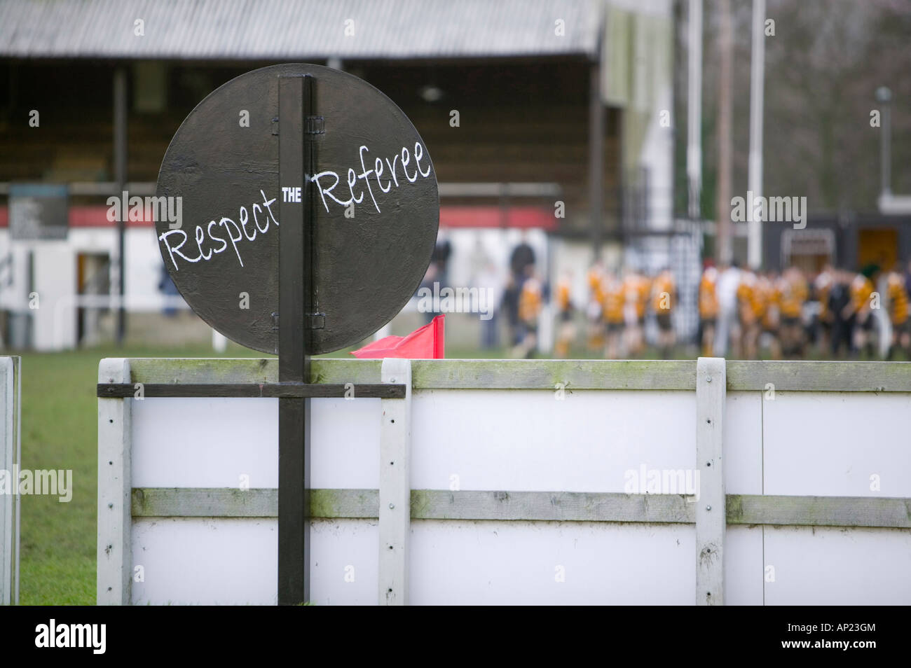 A rugby pitch in Ilkley Yorkshire UK with a respect the referee sign ...
