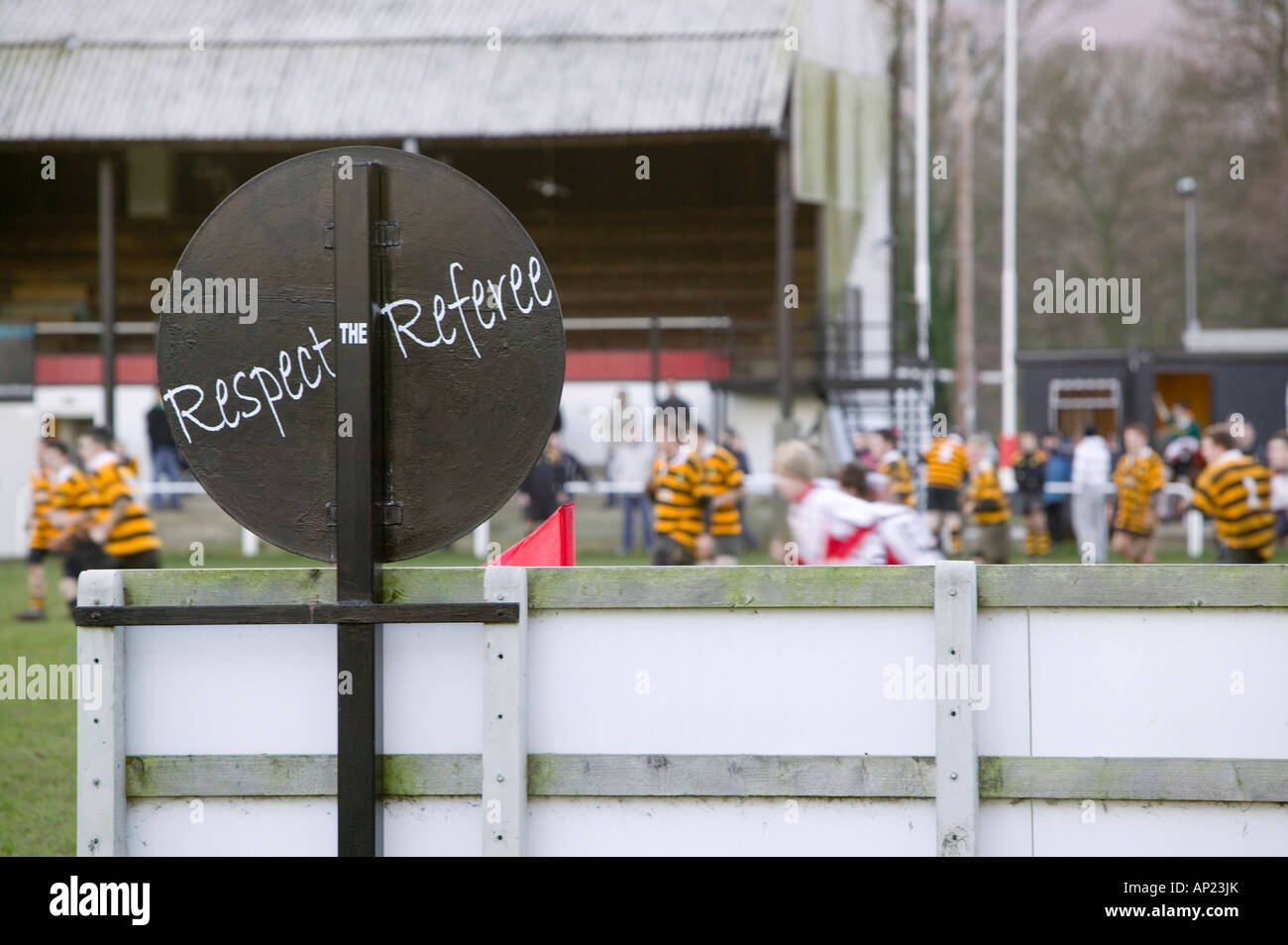 A rugby pitch in Ilkley Yorkshire UK with a respect the referee sign ...