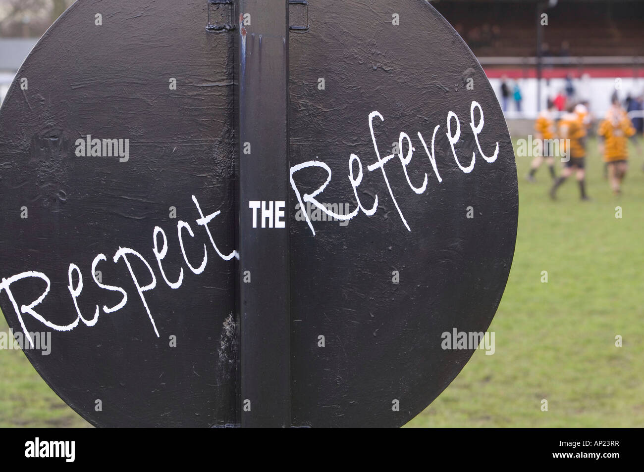 A rugby pitch in Ilkley Yorkshire UK with a respect the referee sign ...