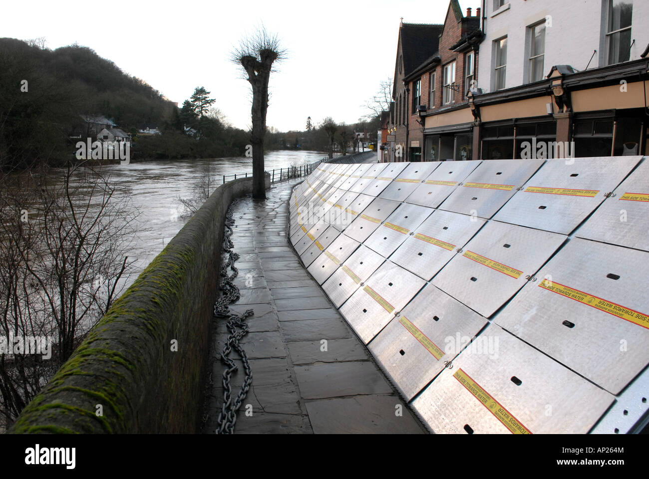 Flood barriers protecting Wharfage in Ironbridge, Shropshire. England ...