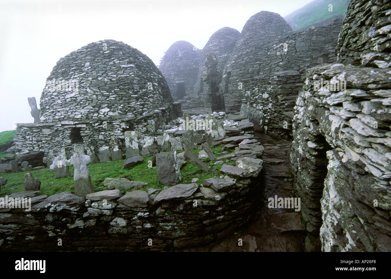 Monastic settlement at top of island of Skellig Michael, County Kerry ...
