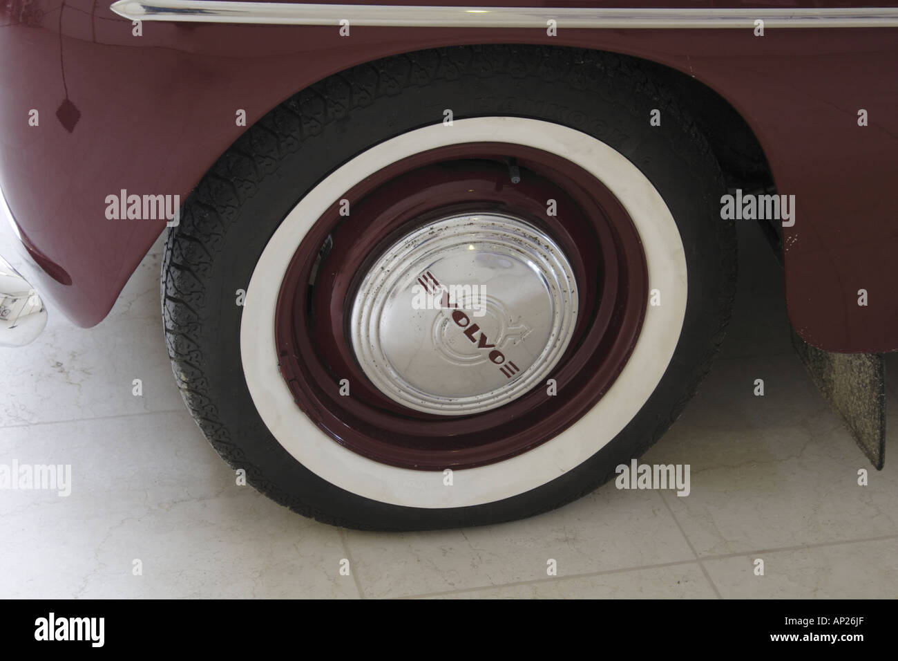 Wheel of a classic Volvo 544 motor car in a museum in Jutland Denmark ...