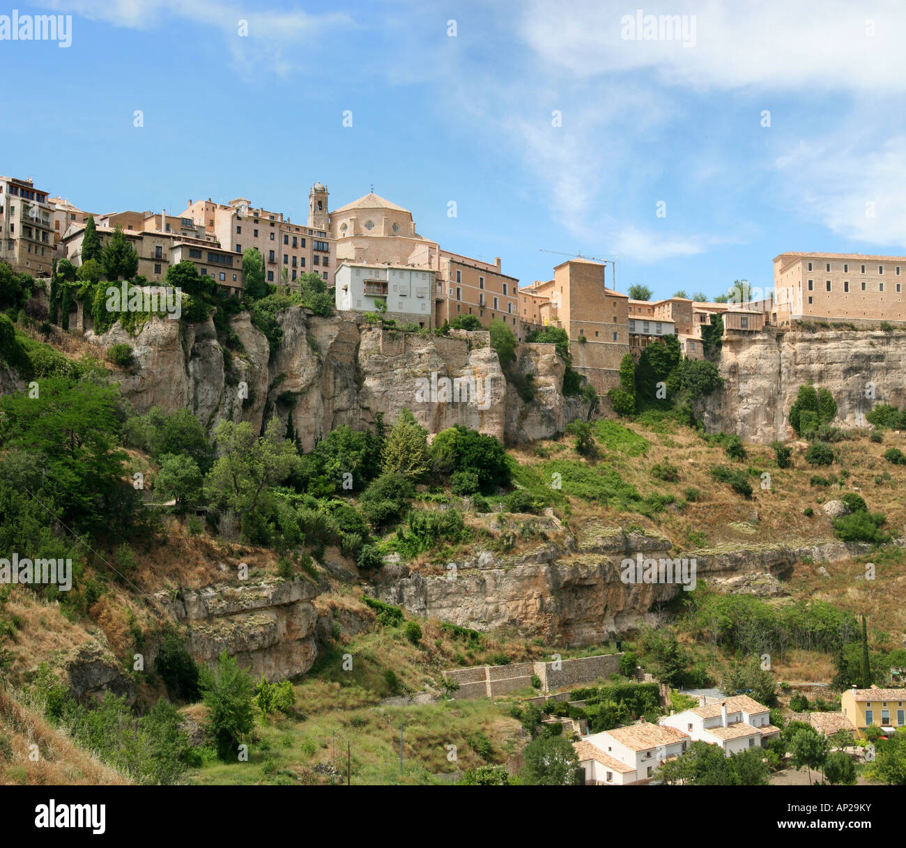 The hanging houses and cliffs of Cuenca, Spain over the river gorge ...
