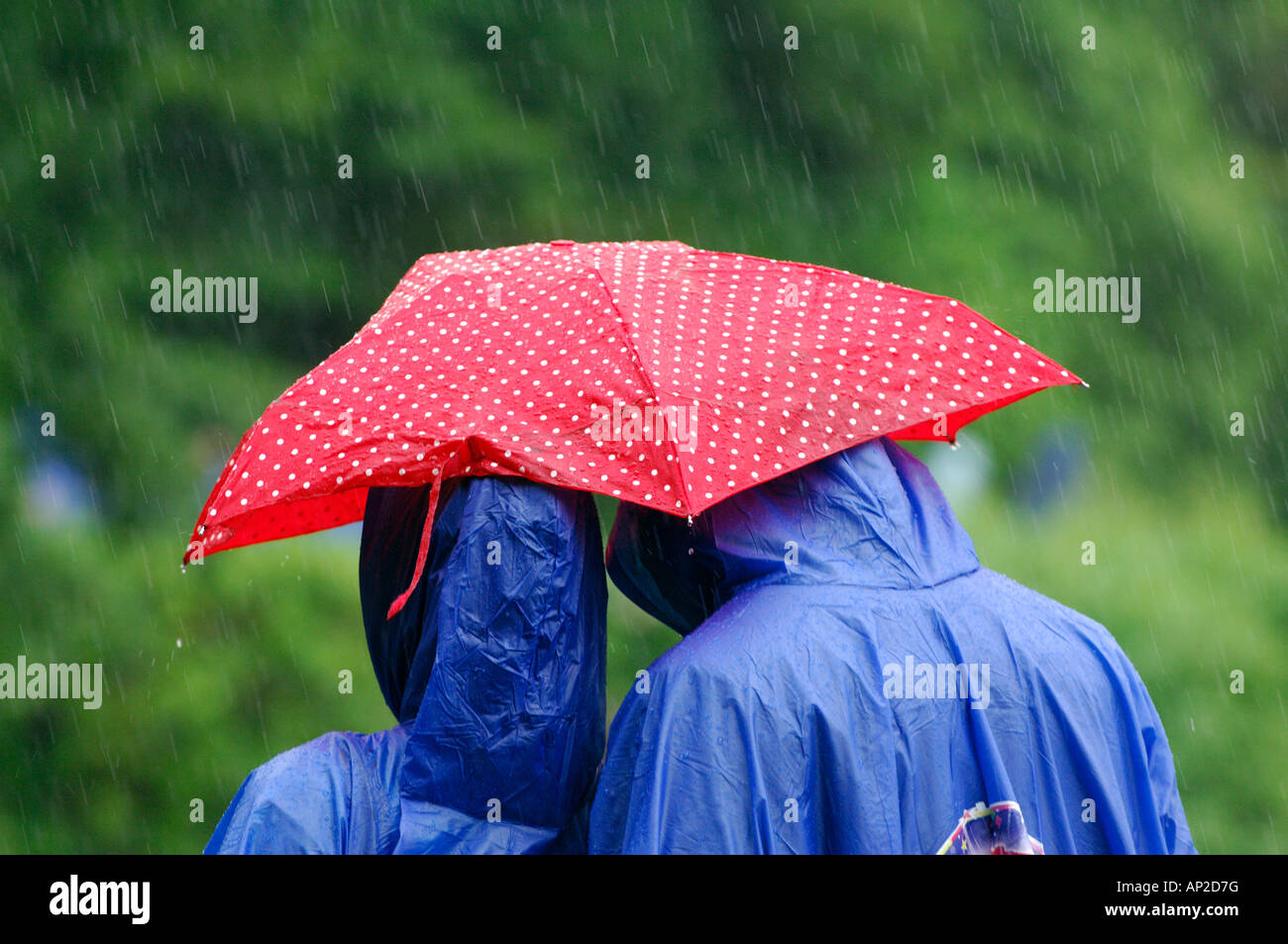 two people huddled together under an umbrella in the pouring rain or a ...