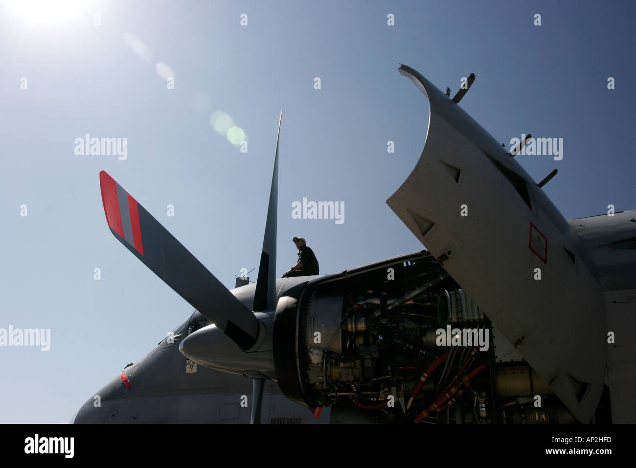 Front end of an Atlantique aircraft with airman watching flying display ...