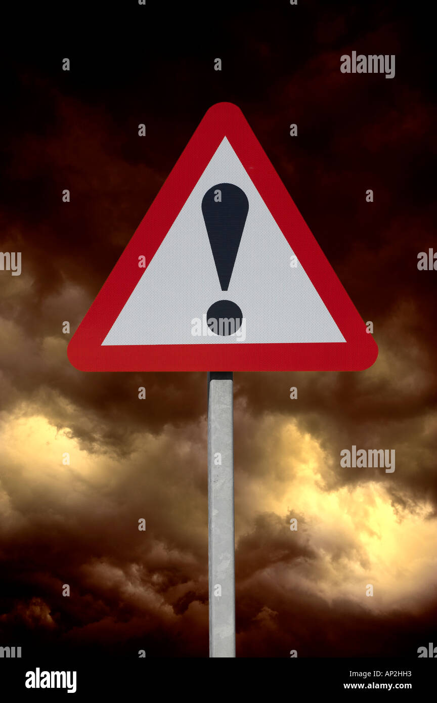 RED AND WHITE ROAD TRAFFIC WARNING SIGN WITH BLACK EXCLAMATION MARK AND ...