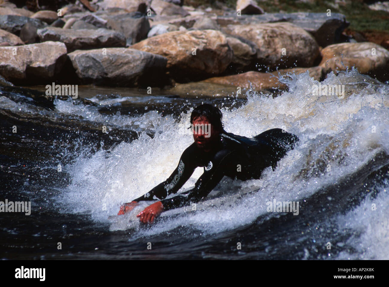 Man bodyboarding the Yampa river Steamboat Springs Colorado USA Stock ...