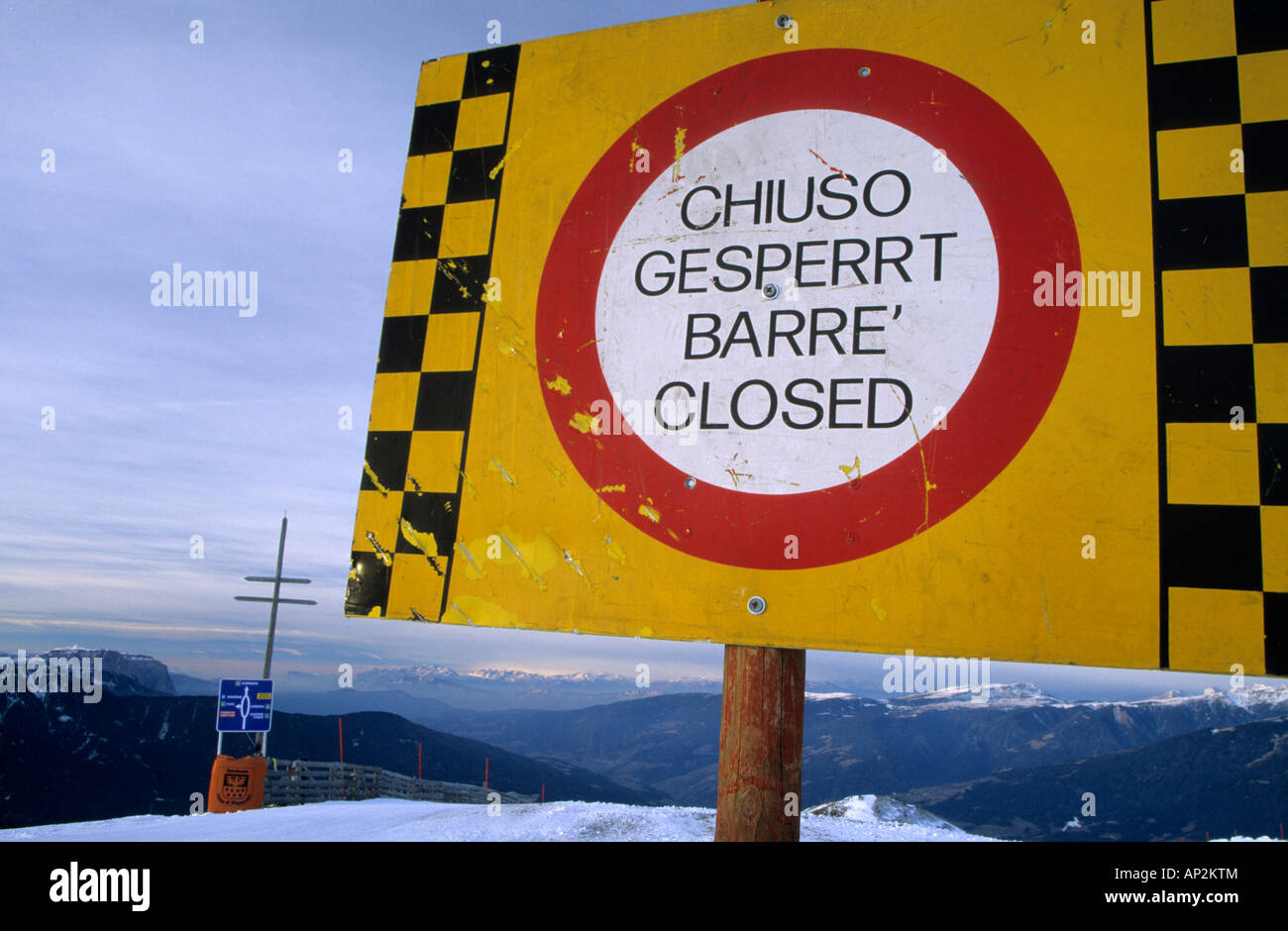 sign closed on ski piste, Plose, Dolomites, South Tyrol, Alta Badia ...