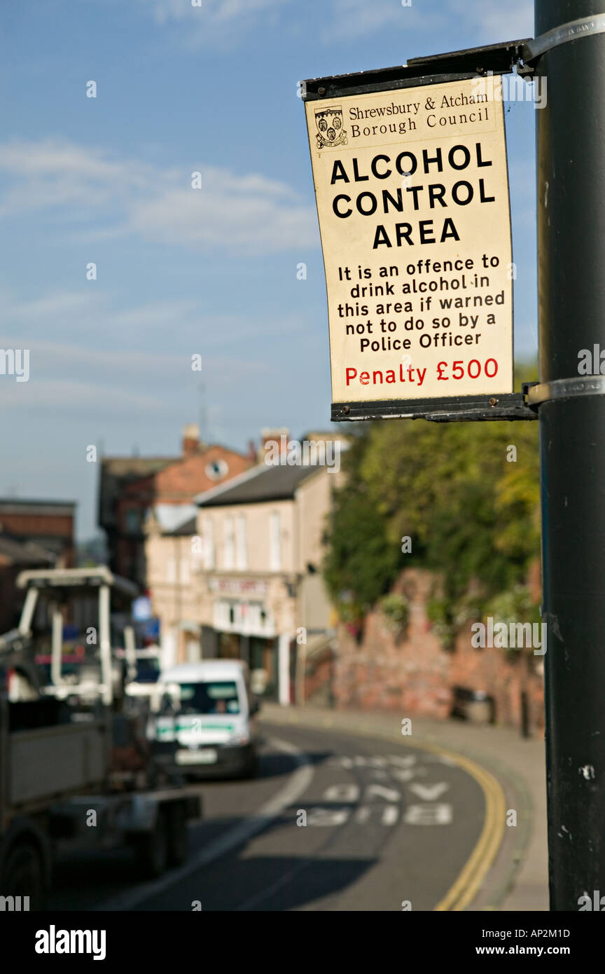 Warning sign for alcohol control area Shrewsbury Shropshire England UK ...