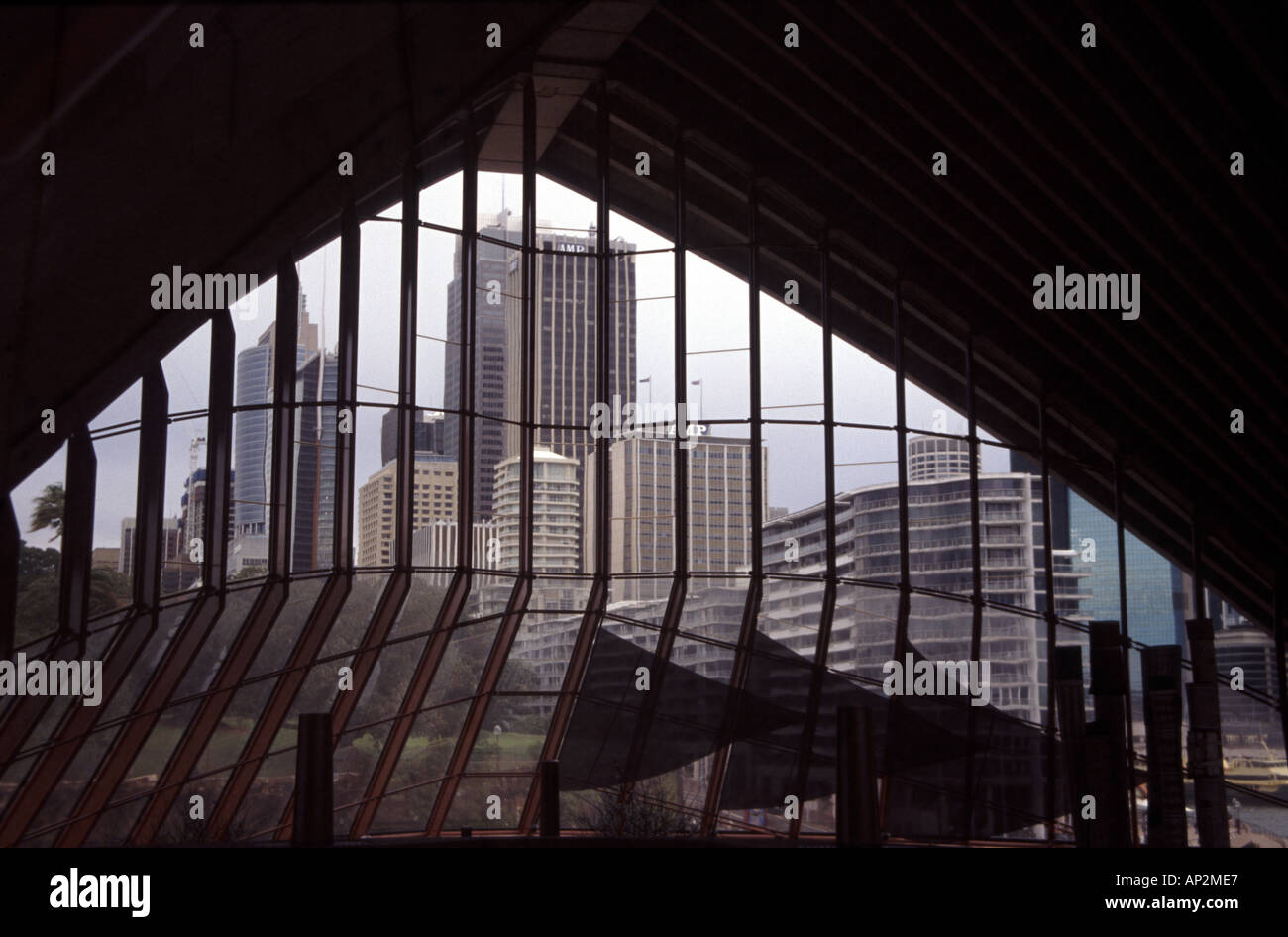 The Sydney skyline seen through the windows of the Sydney Opera House ...