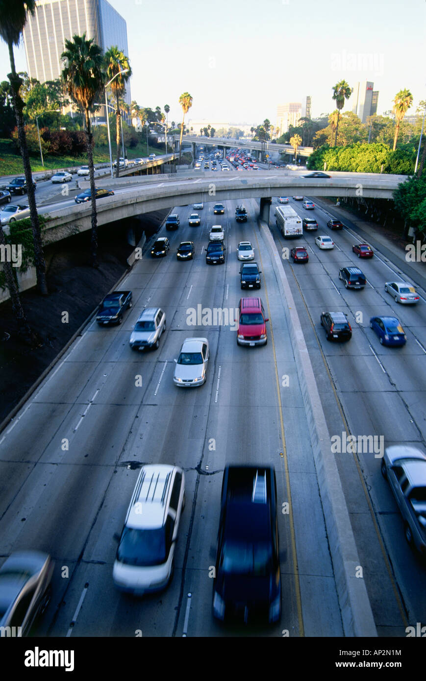 Traffic at rush hour on Harbor Freeway, Downtown L.A., Los Angeles ...