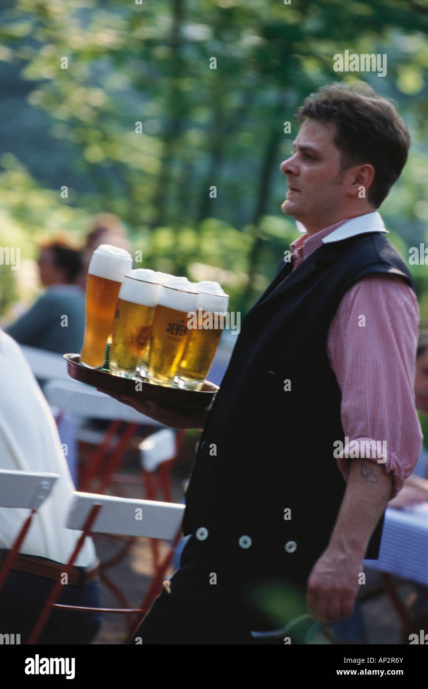 A waiter serving beer in a beer garden, Weissbier, Beer, Leisure ...