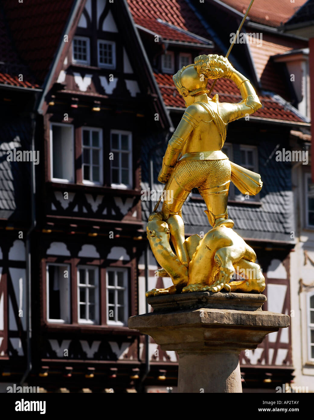 St. George statue on fountain at the market square in Eisenach ...