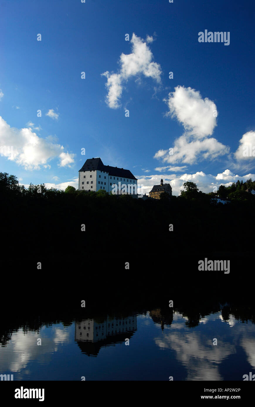 Castle Burgk with reflection in Saale river, Thuringia, Germany Stock ...