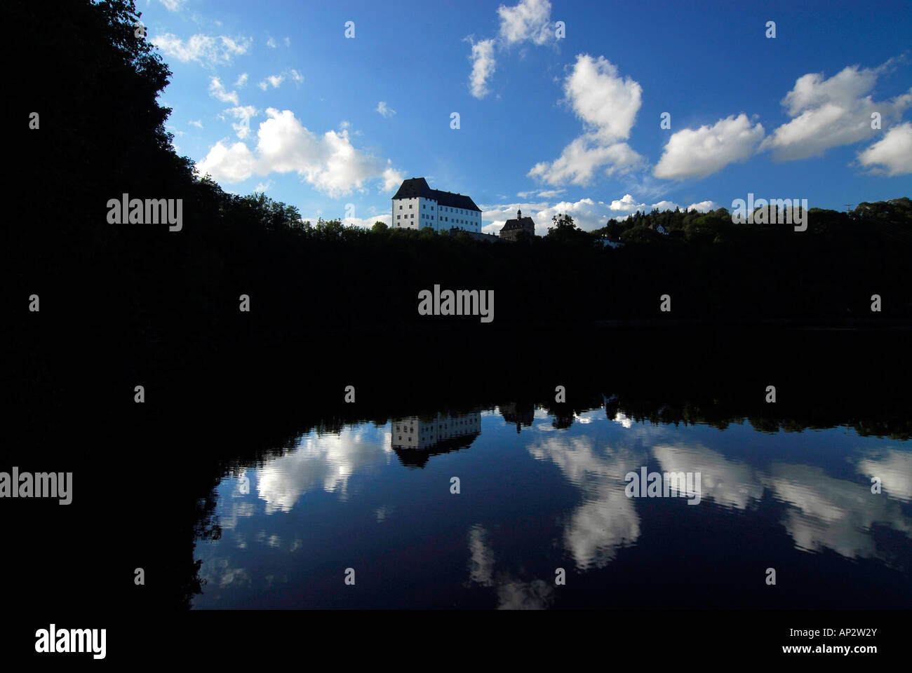 Castle Burgk with reflection in Saale river, Thuringia, Germany Stock ...
