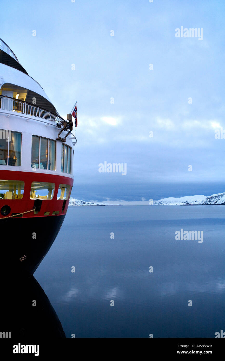 Hurtigrute ship MS Finnmarken at harbour of Kirkeness, North Norway ...