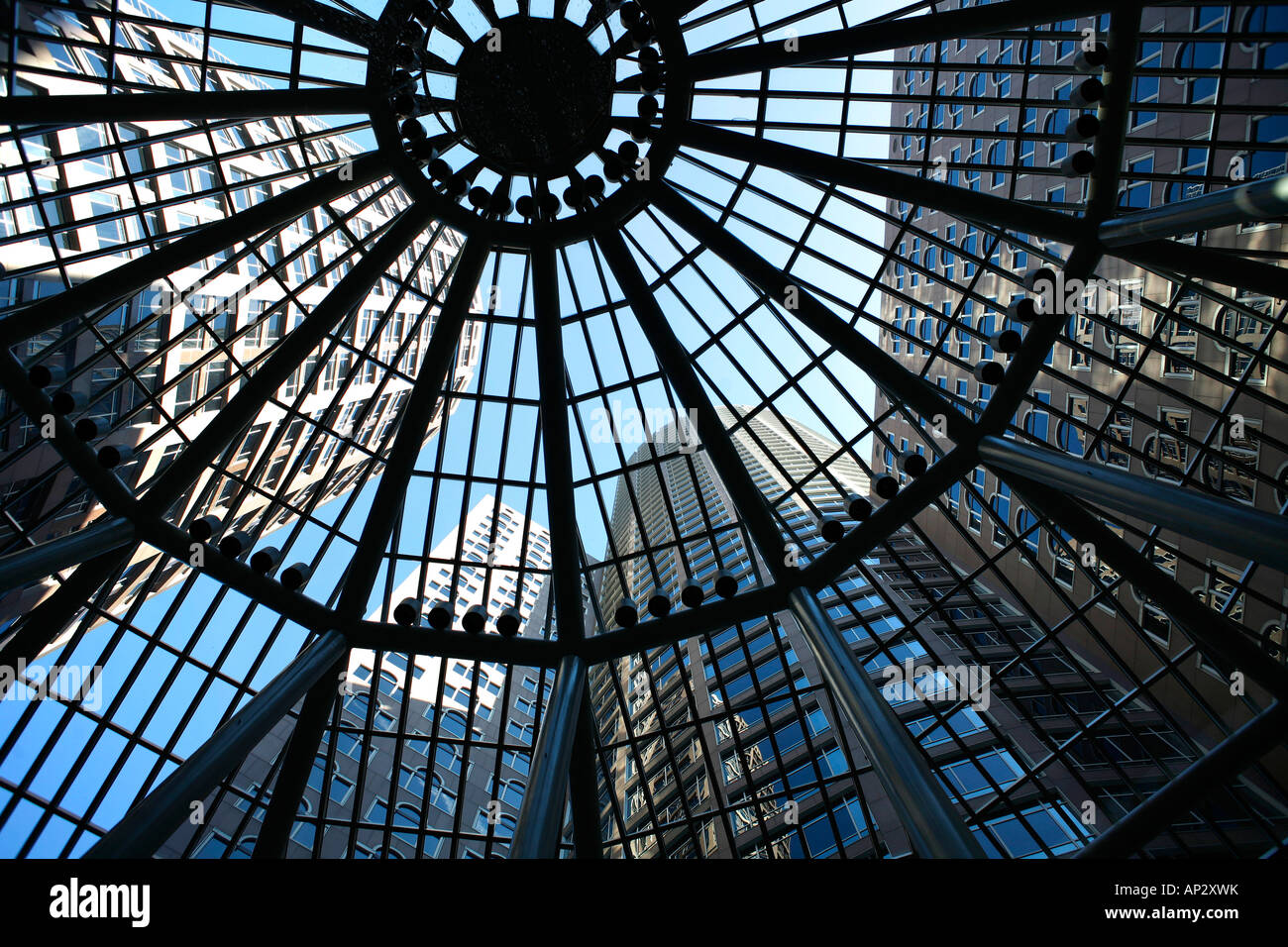 View of office buildings through a glass dome, International Place ...