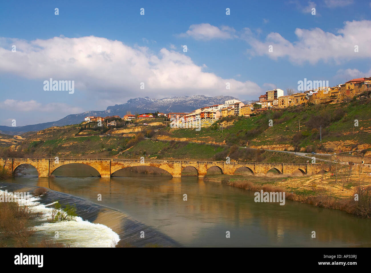 Medieval stone bridge over river, Rio Ebro, in Spring, San Vicente de ...