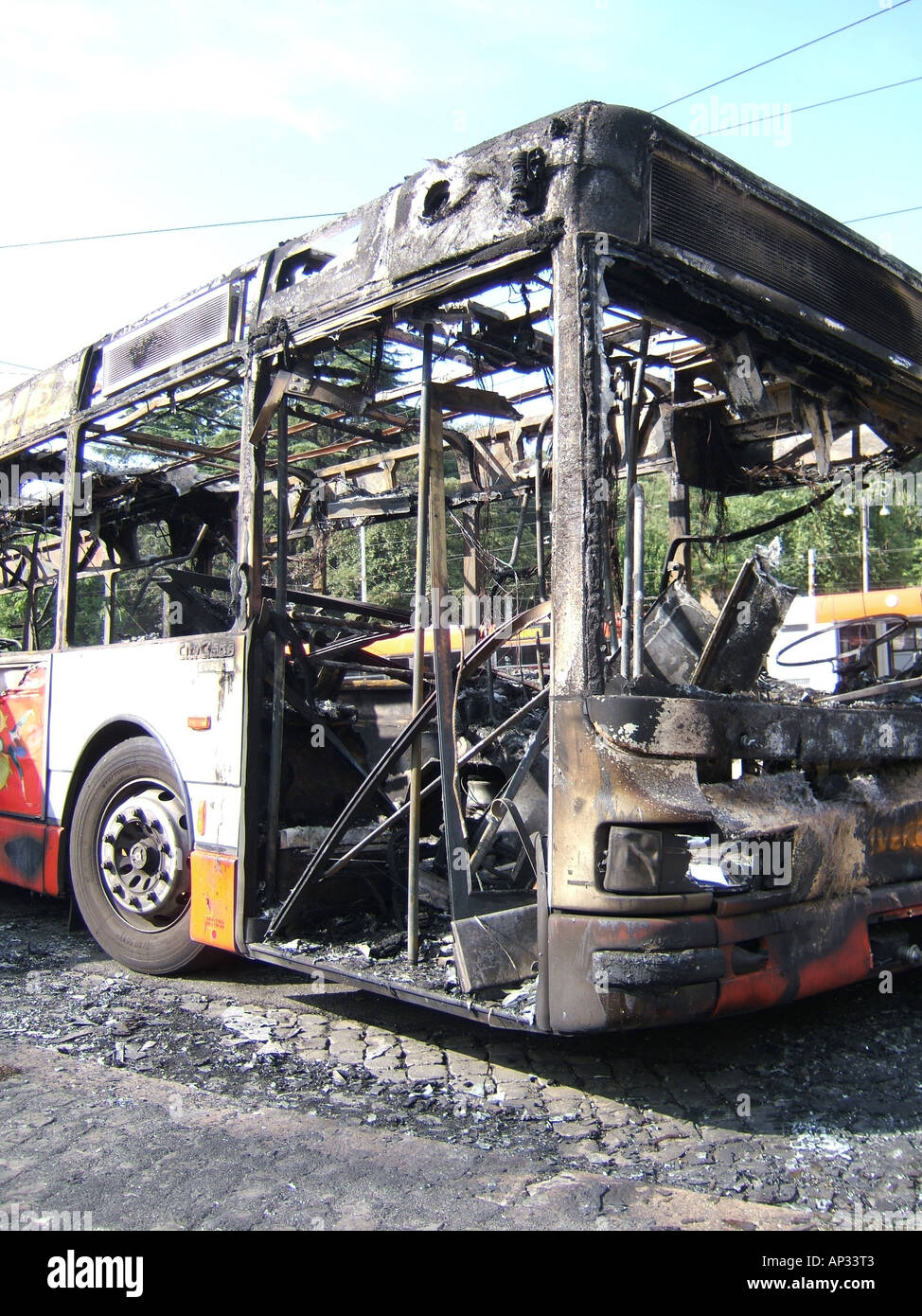 one fire damaged bus Stock Photo - Alamy