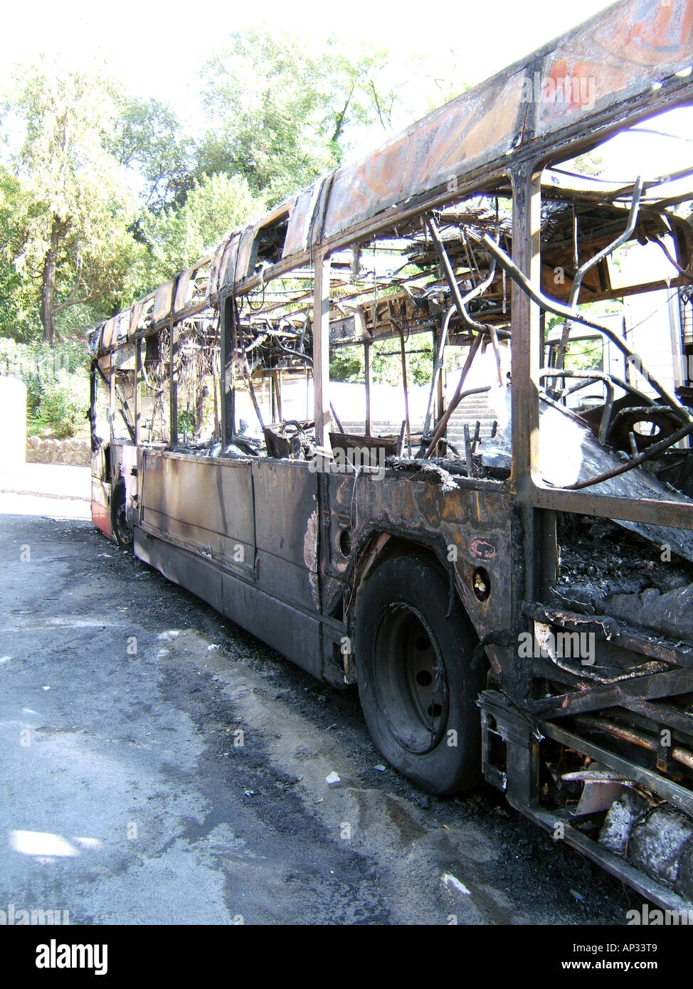 one fire damaged bus Stock Photo - Alamy