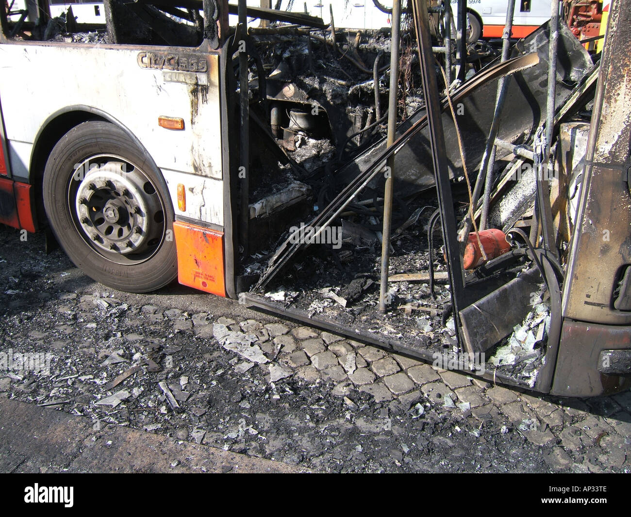 one fire damaged bus Stock Photo - Alamy