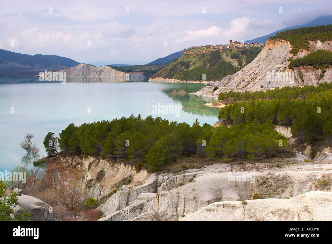 Village of Tiermas above lake, Embalse de Yesa, Aragón, Spain, Europe ...