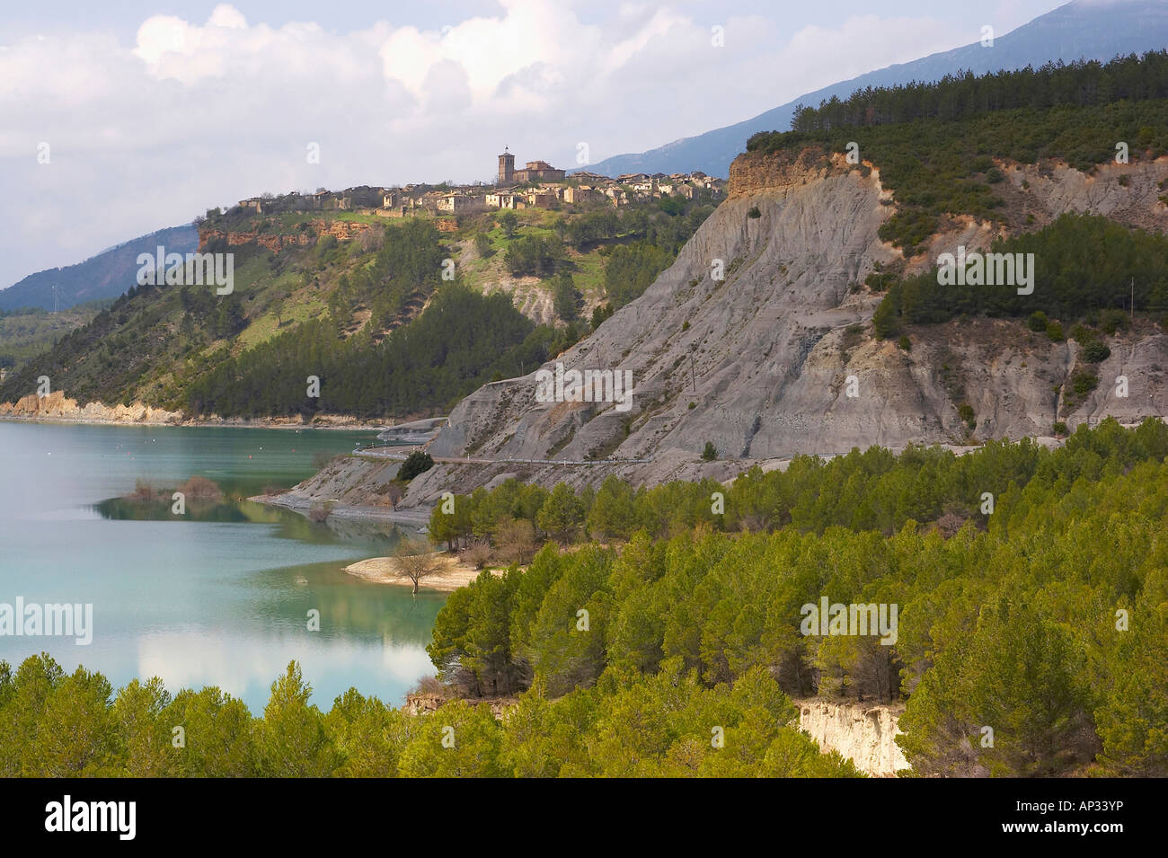 Village of Tiermas above lake, Embalse de Yesa, Aragón, Spain, Europe ...