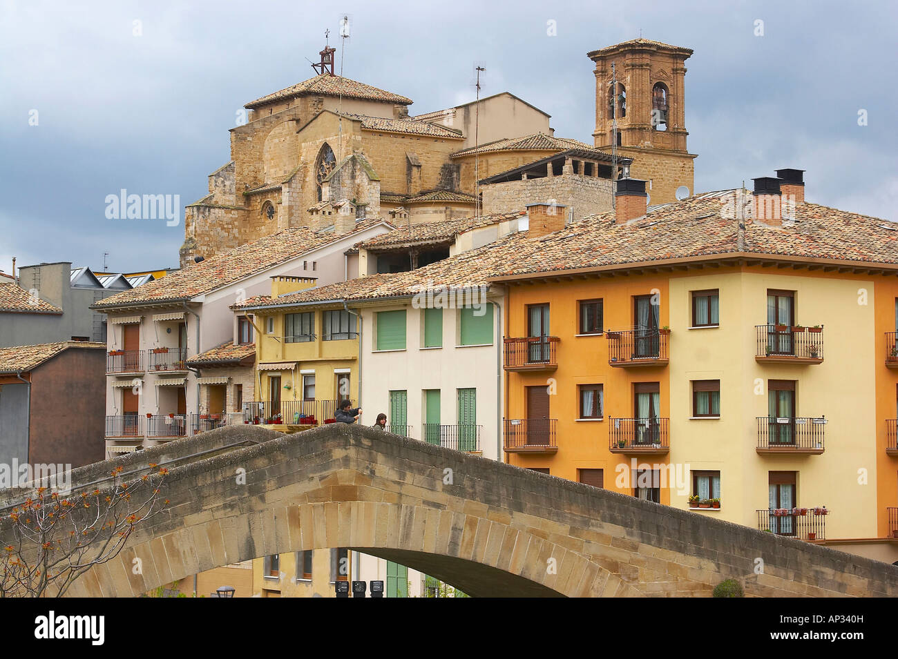 View of Estella and church, Iglesia de San Miguel, with bridge in ...